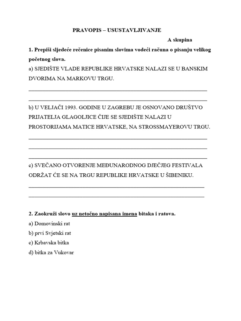 Pravopis - Listić Za Vježbu - Redoviti Program | PDF