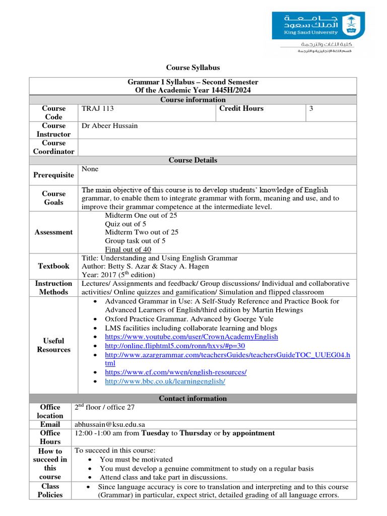 Grammar 1 Syllabus - Second Semester | PDF | Perfect (Grammar) | Human ...