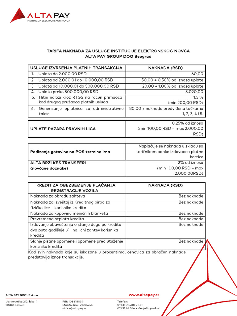Tarifnik Alta Pay Group 01 | PDF