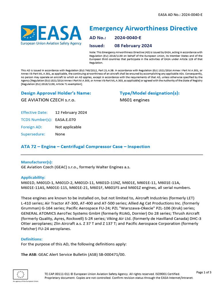 Easa Ead 2024-0040-E 1 | PDF | Aviation | Transport