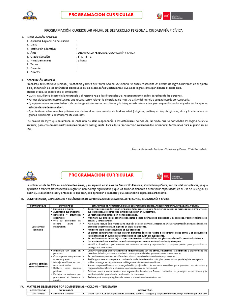 3ro Programacion Anual D.P.C.C. | PDF | Enseñando | Aprendizaje