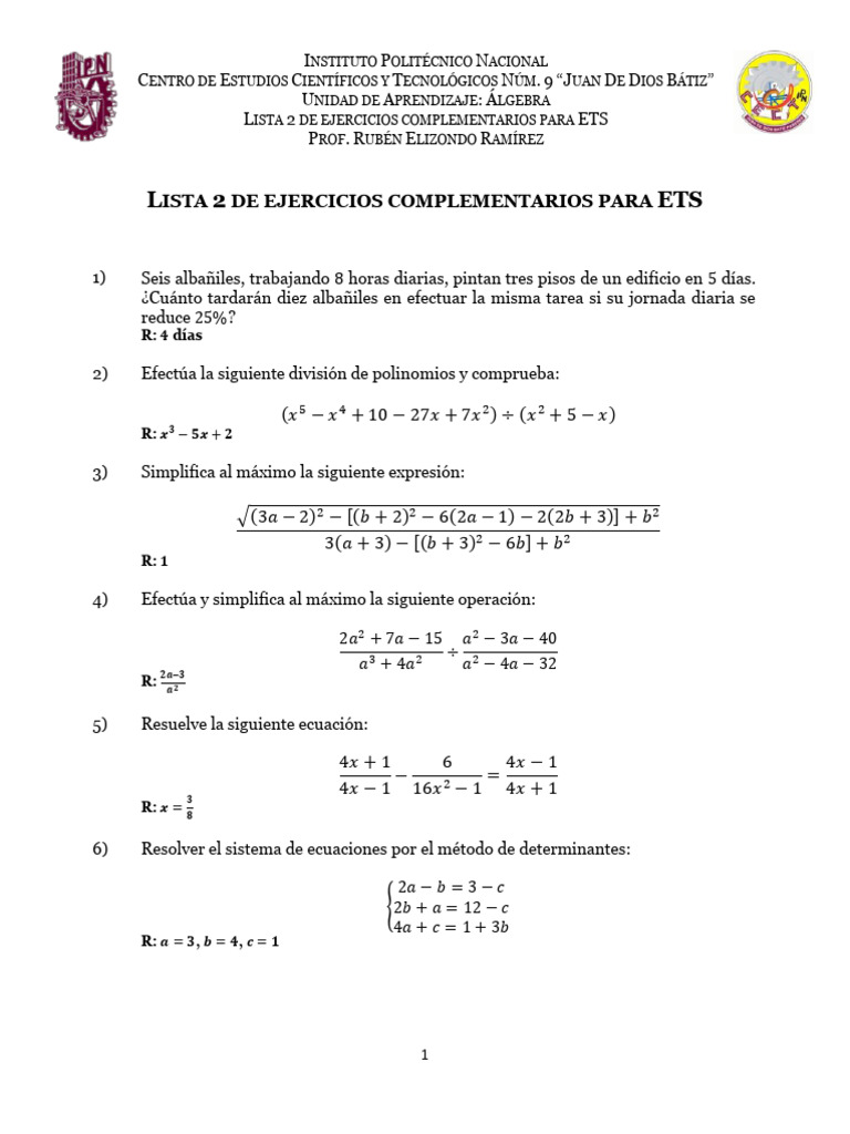 Lista 2 de Ejercicios Complementarios Para ETS de Álgebra | PDF | Álgebra | Matemáticas
