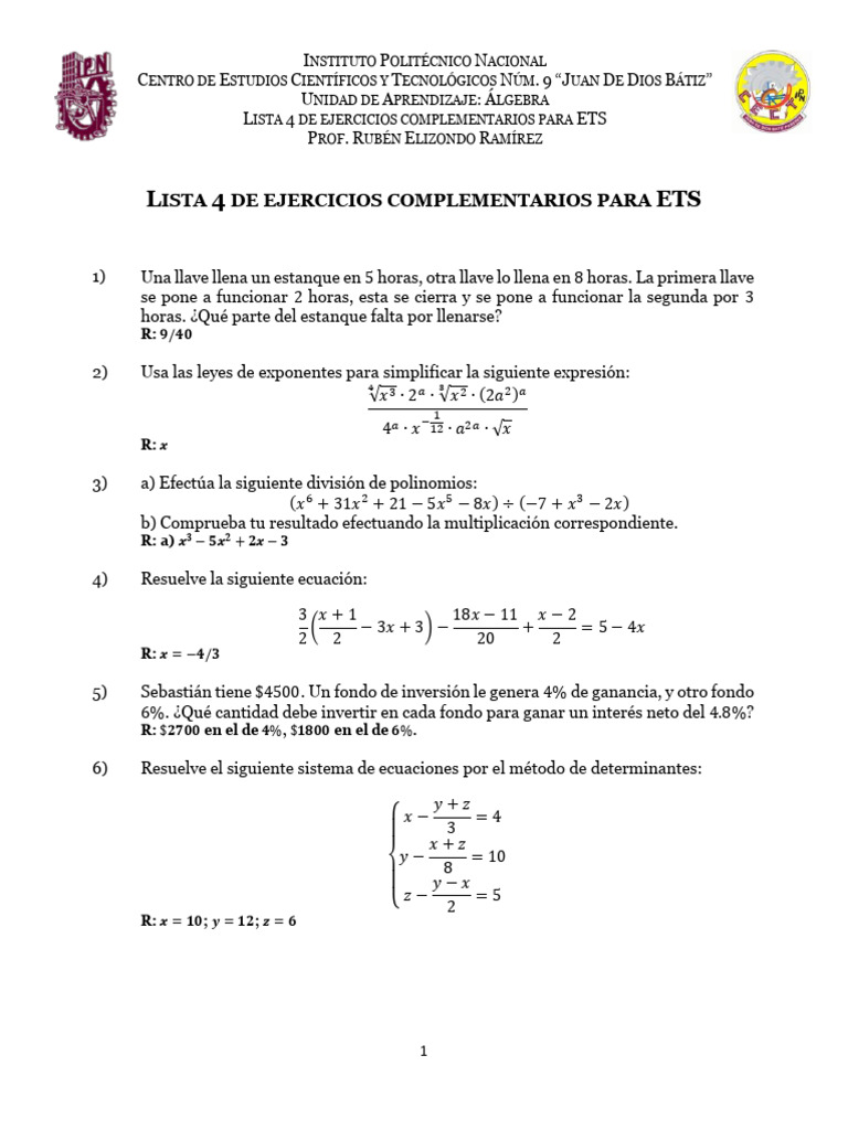 Lista 4 de ejercicios complementarios para ETS de Álgebra | PDF | Matemática Elemental | Álgebra ...