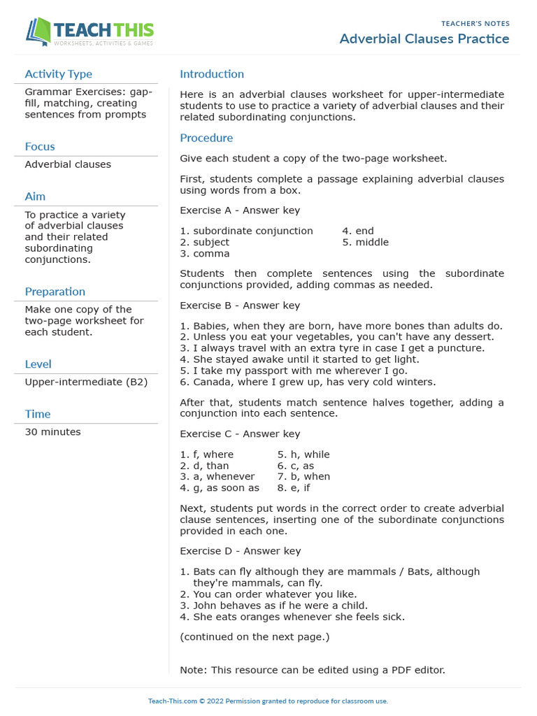 Adverbial Clauses Practice Worksheet | PDF | Sentence (Linguistics ...