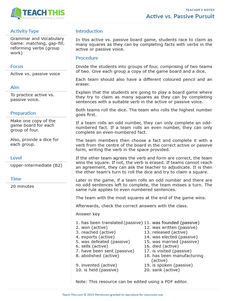Active vs. Passive Voice Game Guide | PDF | Grammar | Linguistics