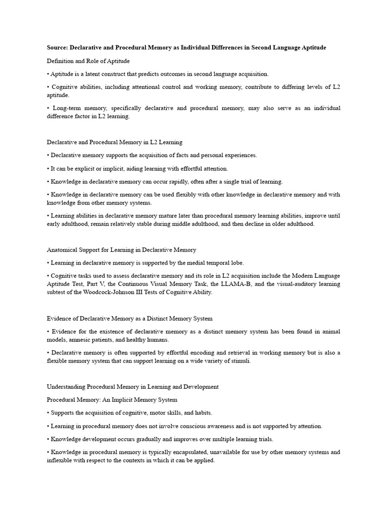 Declarative and Procedural Memory | Download Free PDF | Memory | Second ... Declarative and Procedural Memory | Download Free PDF | Memory | Second ...