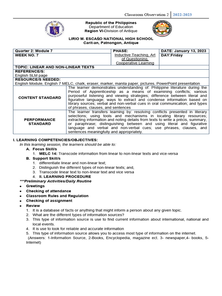 Lesson Plan For English 7-Linear & Non-Linear Text | PDF | Pie Chart ...