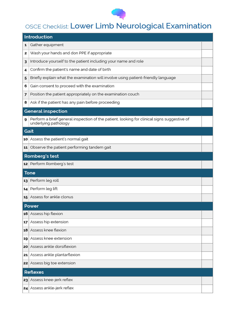 OSCE Checklist Lower Limb Neurological Examination | PDF OSCE Checklist Lower Limb Neurological Examination | PDF
