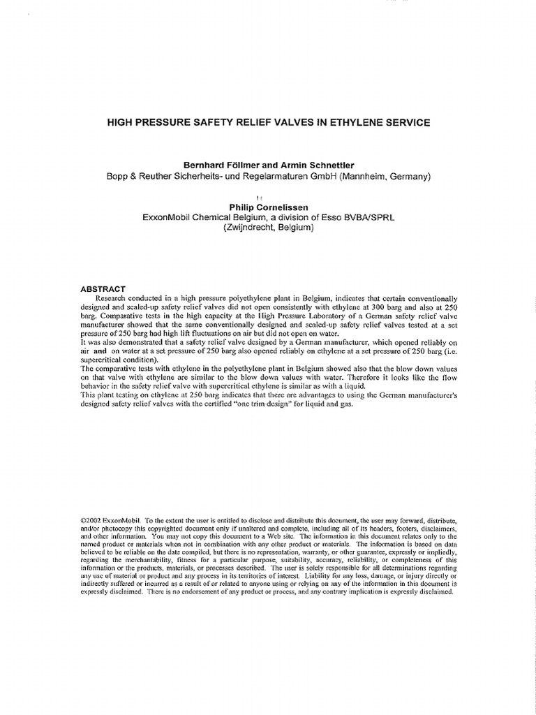High Pressure Safety Relief Valves in Ethylene Service | PDF