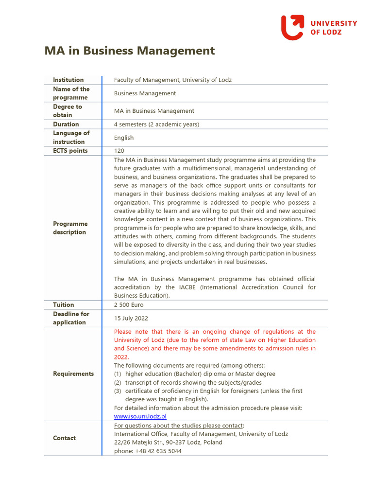 MA in Business Management at UŁ | PDF | Master's Degree | Academic Degree