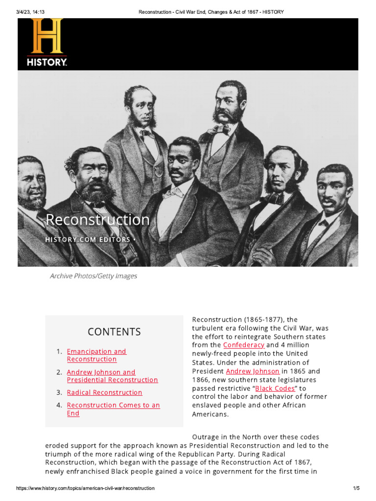 Reconstruction - Civil War End, Changes Act of 1867 - HISTORY | PDF