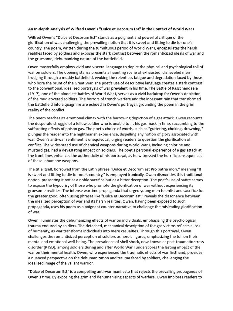 An In-Depth Analysis of Wilfred Owen's Dulce Et Decorum Est | PDF ...