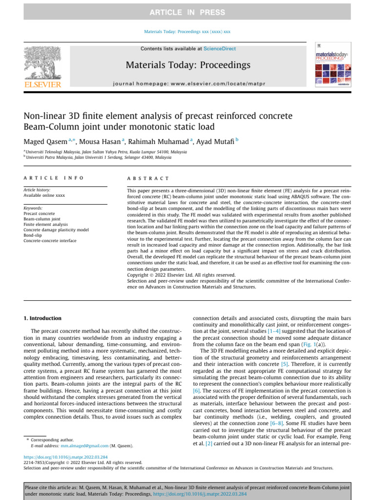 Non-Linear 3D Finite Element Analysis of Precast Reinforced Concrete Beam-Column Joint Under ...