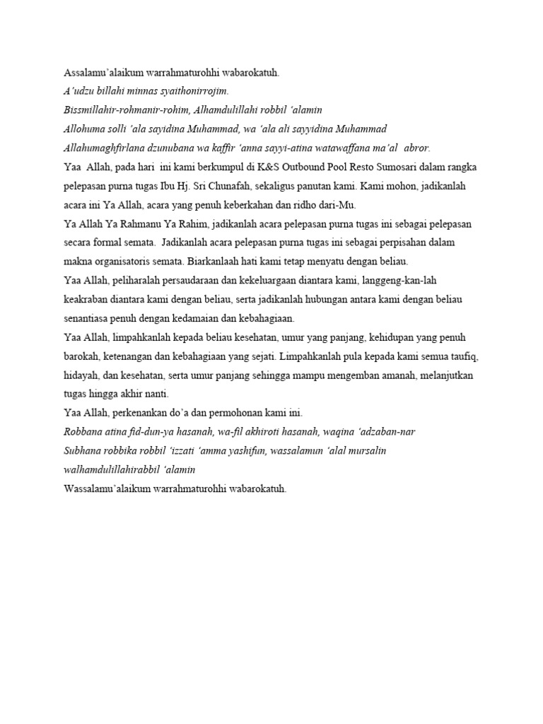 Doa Pelepasan Purna Tugas Ibu Hj. Sri Chunafah | PDF