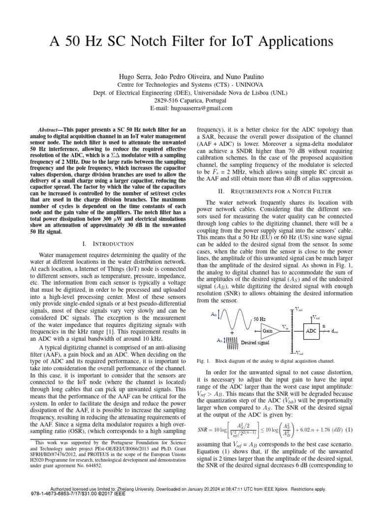 A 50 HZ SC Notch Filter For IoT Applications | PDF | Analog To Digital ...