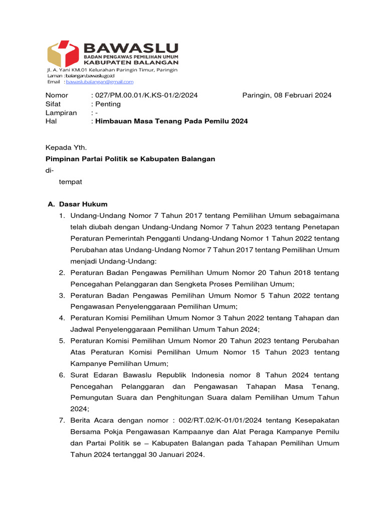 Himbauan Masa Tenang Pemilu 2024 | PDF