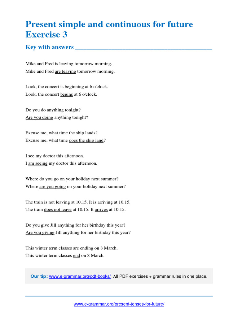 Present Tenses For Future Exercise 3 Key | PDF