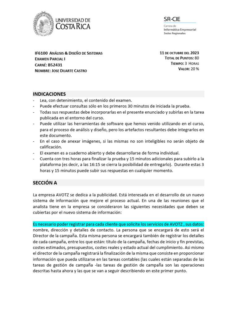 Examen Parcial: Análisis de Sistemas AVOTZ | PDF | Software | Presupuesto