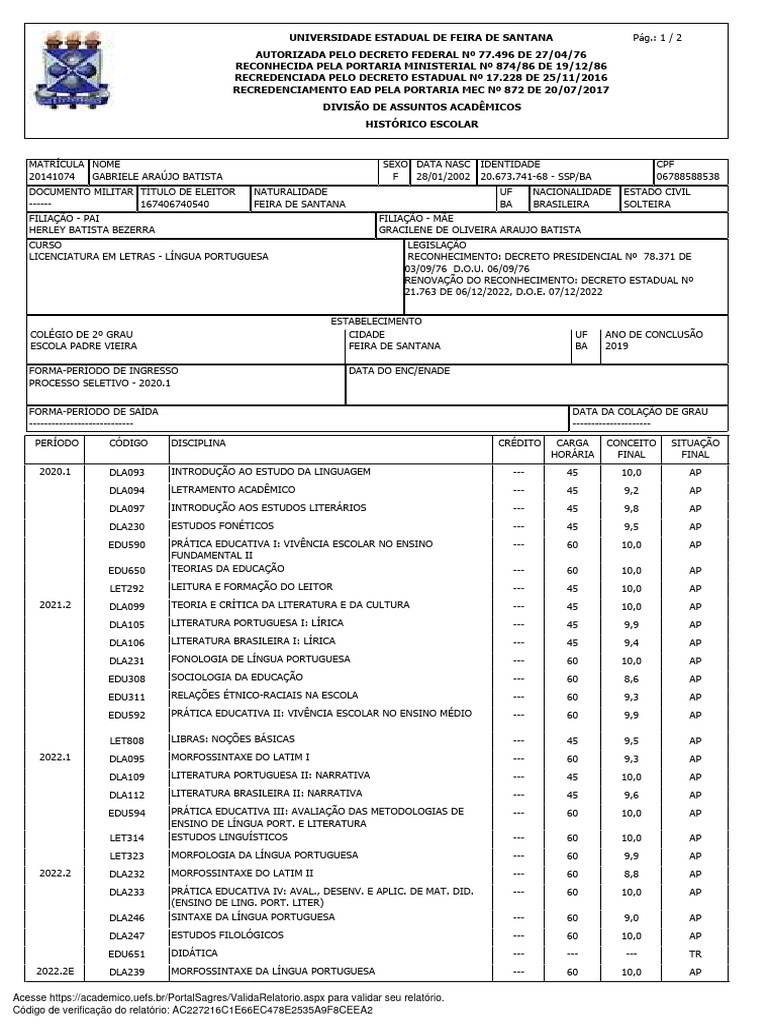 Histórico de Notas Uefs - Gabriele Araújo | PDF