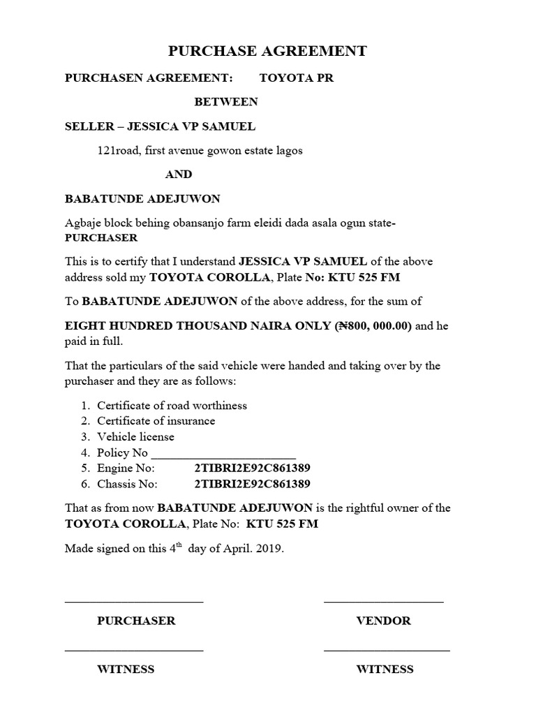 Toyota Corolla Purchase Agreement | PDF | Finance & Money Management
