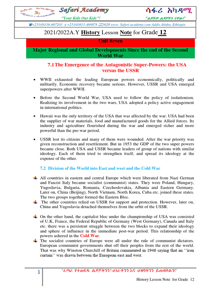 History Lesson Note For Grade 12 U-7 | PDF | Israel | World Politics