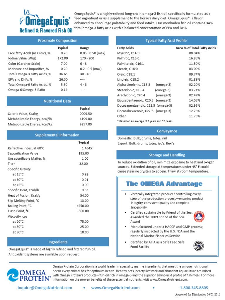 OmegaEquis Fish Oil Technical Data Sheet | PDF | Omega 3 Fatty Acid ...