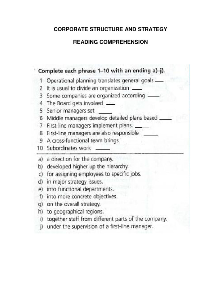 Reading Comprehension Exercises Corporates Strategy and Structure | PDF