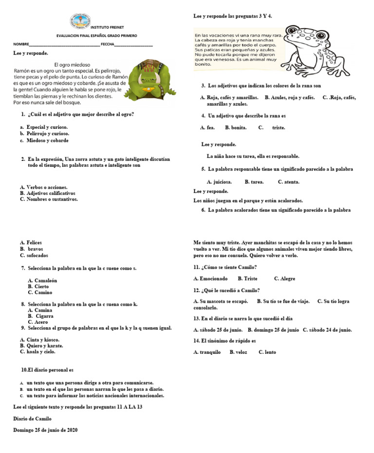 Evaluación Final Español Primer Grado | PDF | Adjetivo