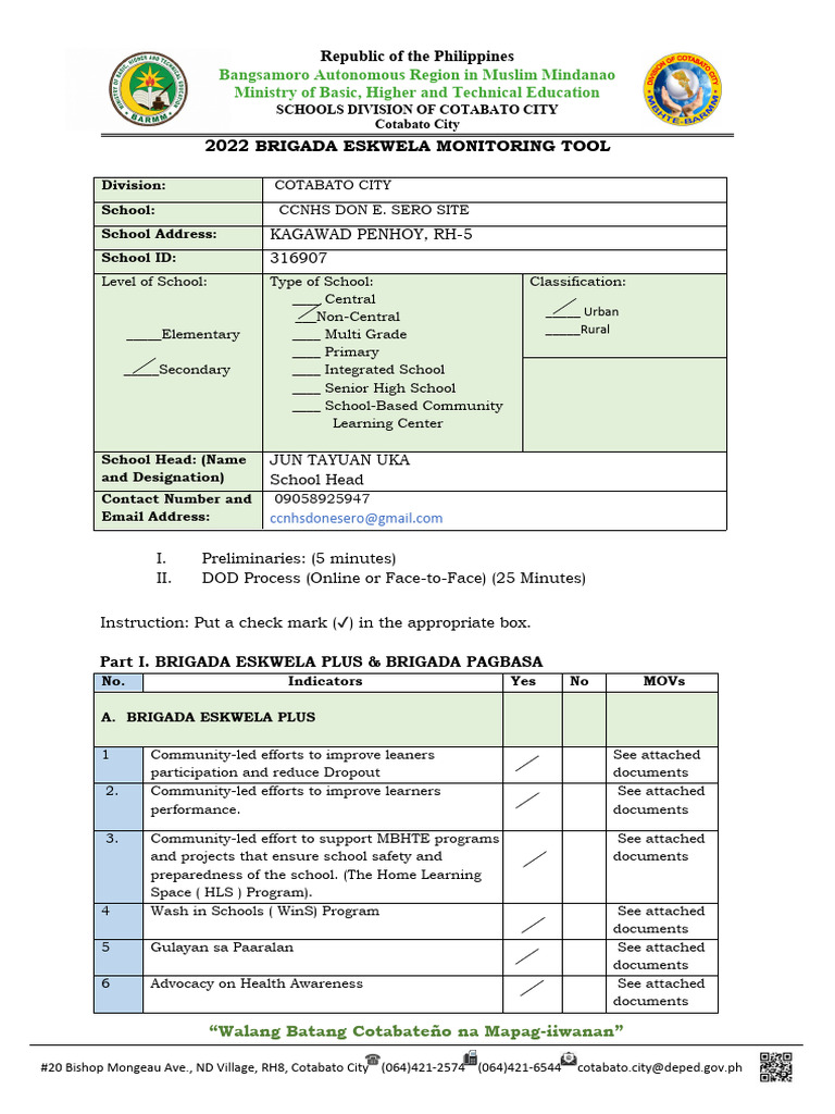 CCNHS Don E. Sero Site Brigada Tool 2022-2023 | PDF | Emergency ...