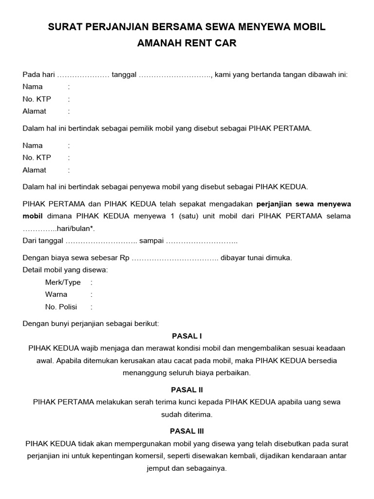 Surat Perjanjian Sewa Mobil Pdf