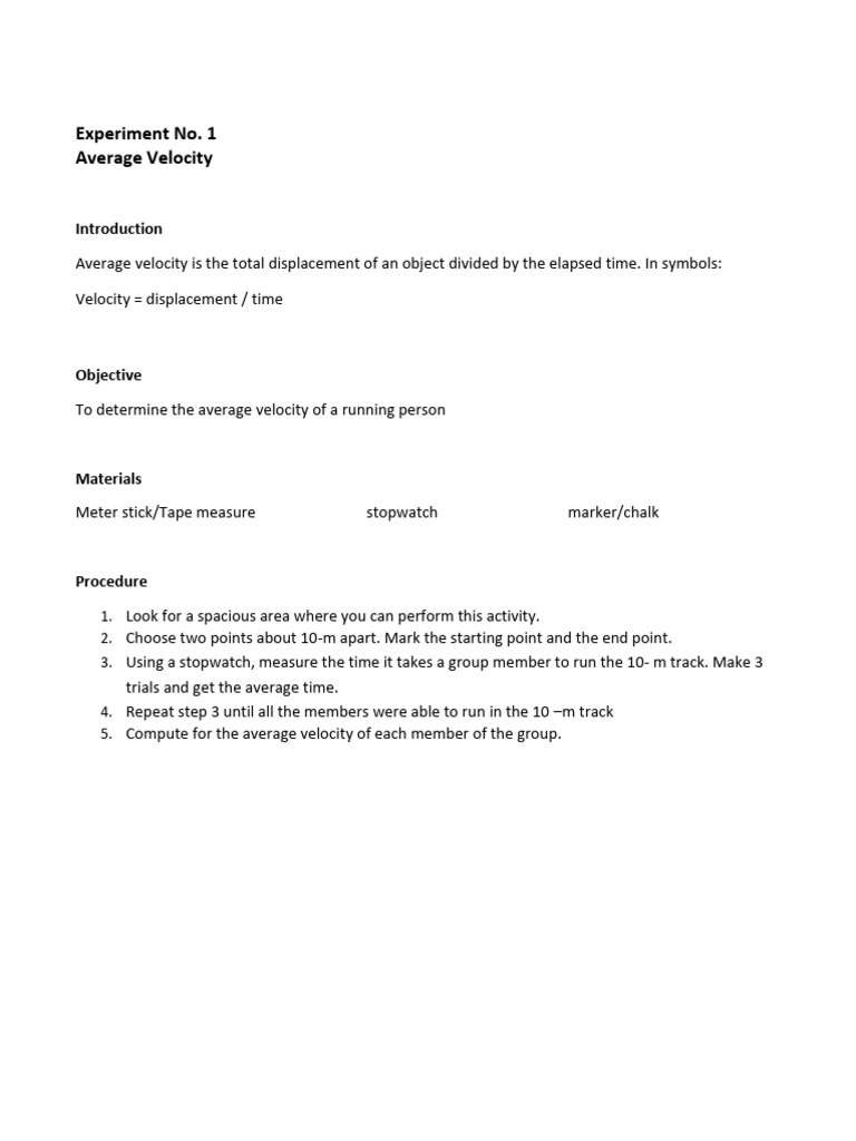 19 Experiment 1 Average Velocity Pdf Speed Velocity