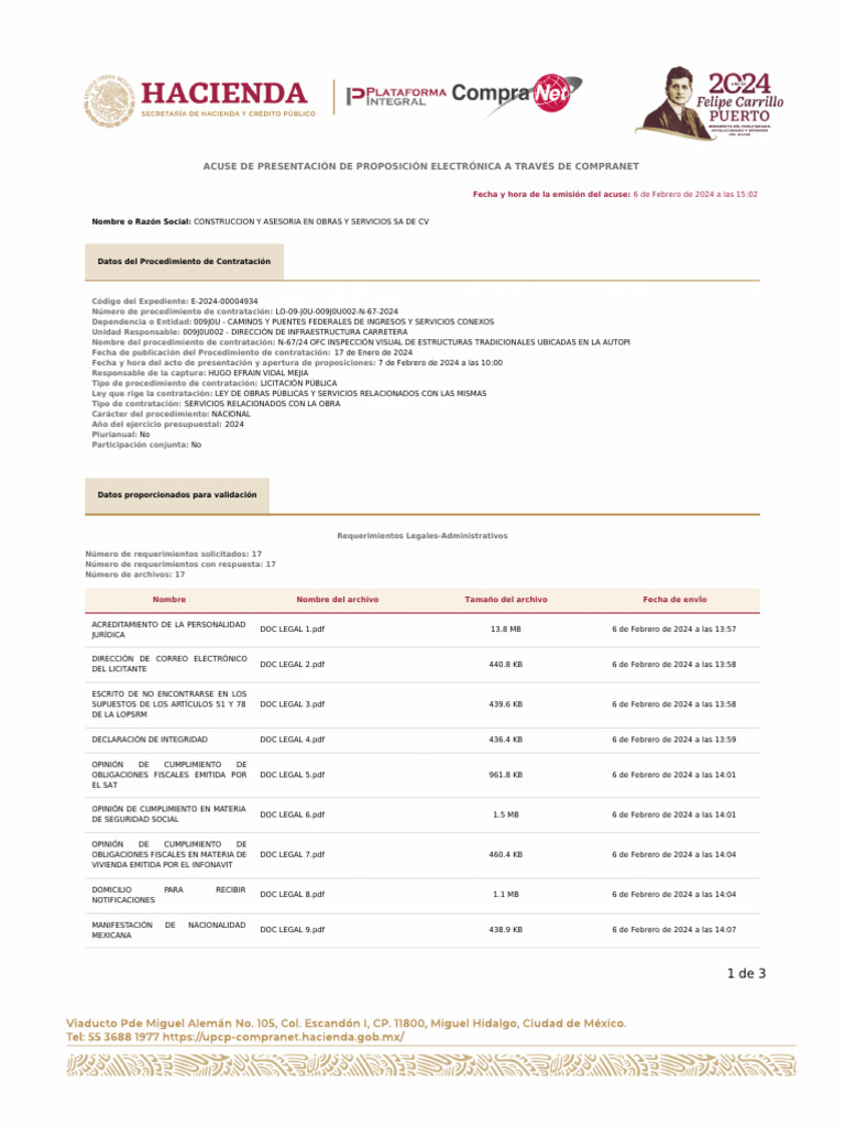 Acuse de Presentación de Proposición Electrónica A Través de Compranet | PDF