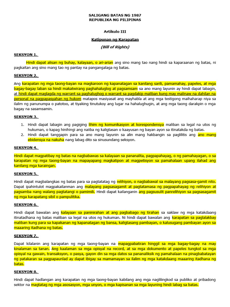 Article Iii-Bill of Rights-1987 Constitution | PDF