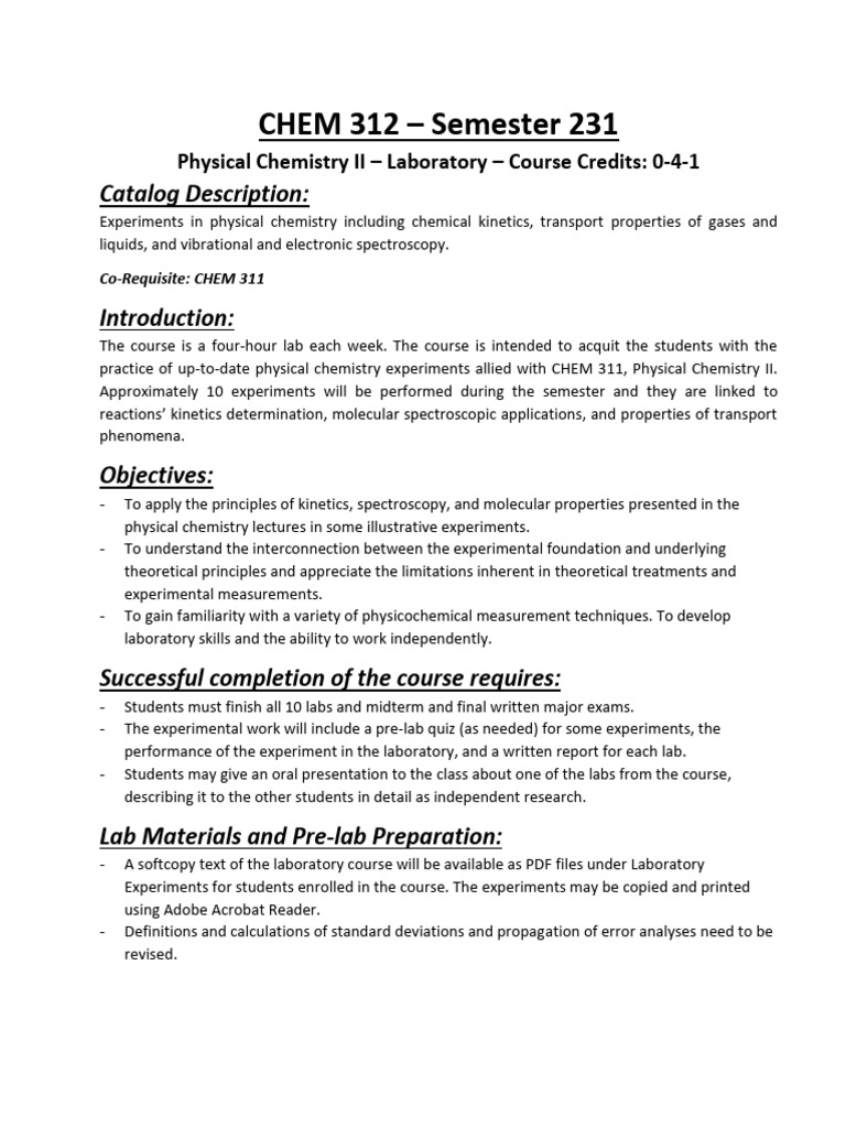 CHEM 312 - Laboratory Course Description - Syllabus - T232 | PDF ...