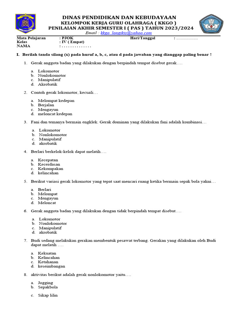 4 Soal Sas Pjok Semester 1 Kelas 4 2023-2024 | PDF