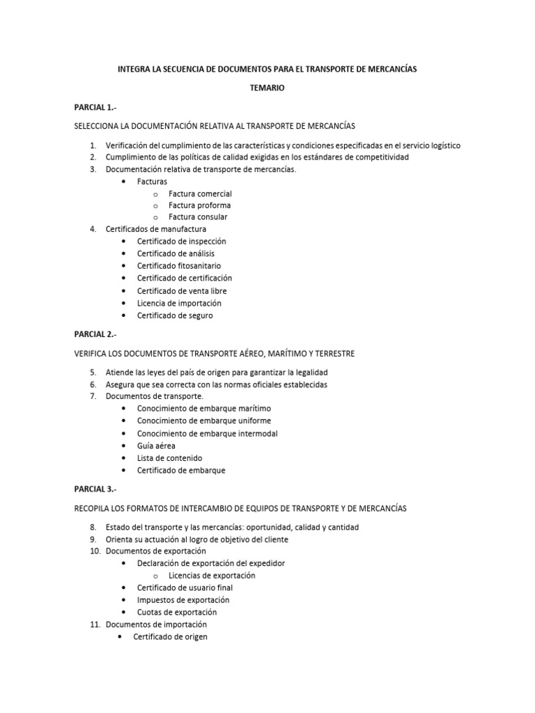 Temario Integra La Secuencia de Documentos para El Transporte de Mercancias | PDF