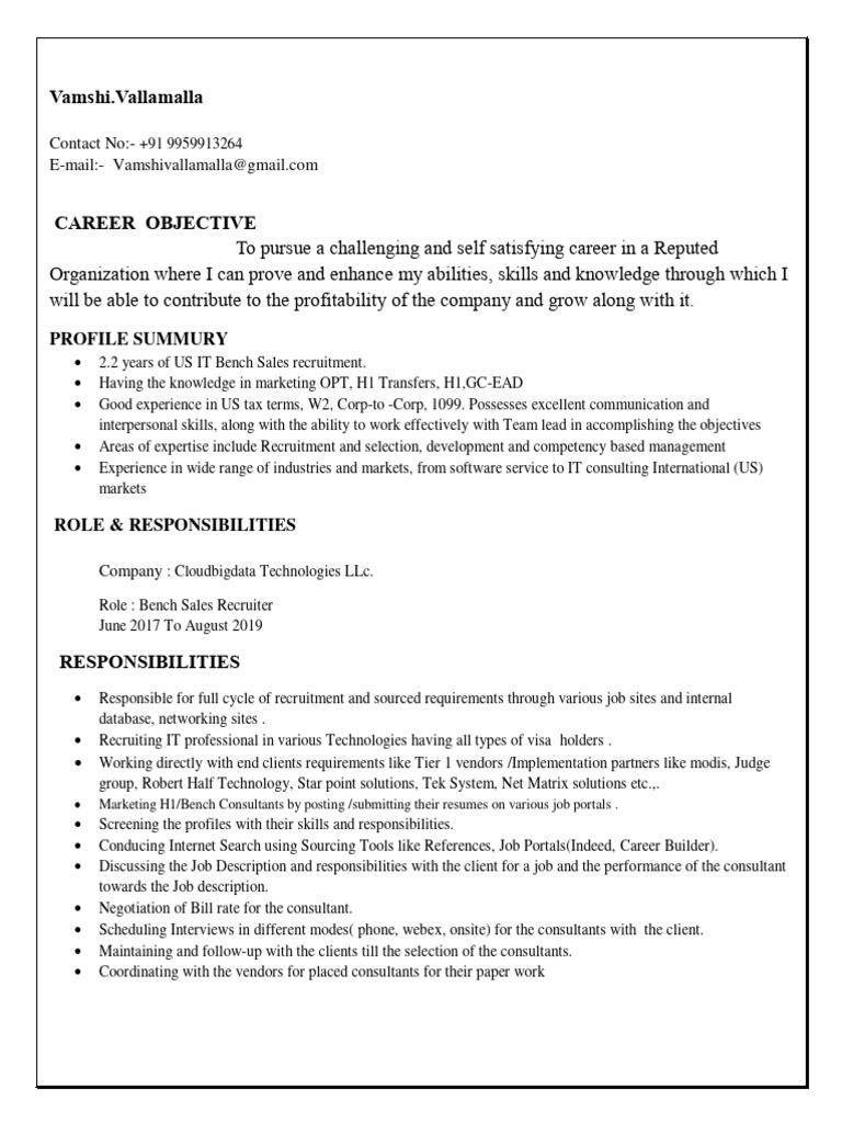 Vamshi Vallamalla Resume | PDF | Consultant | Recruitment