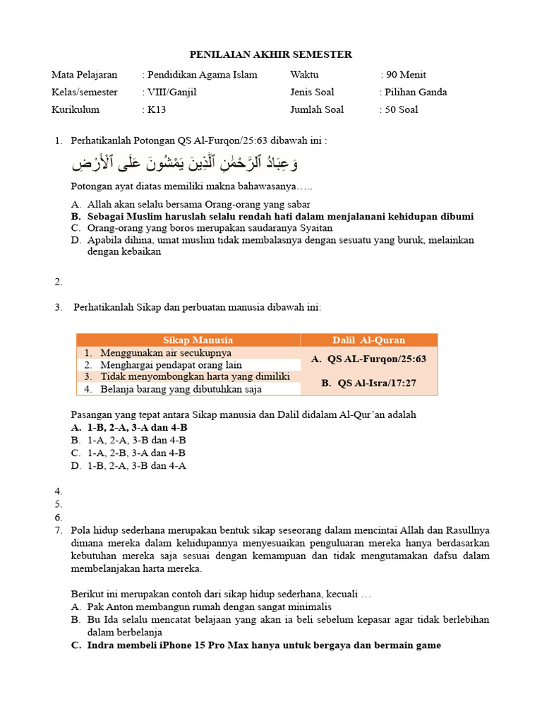 Soal Pas Pai Kelas Viii Ganjil Tp. 2023-2024 | PDF
