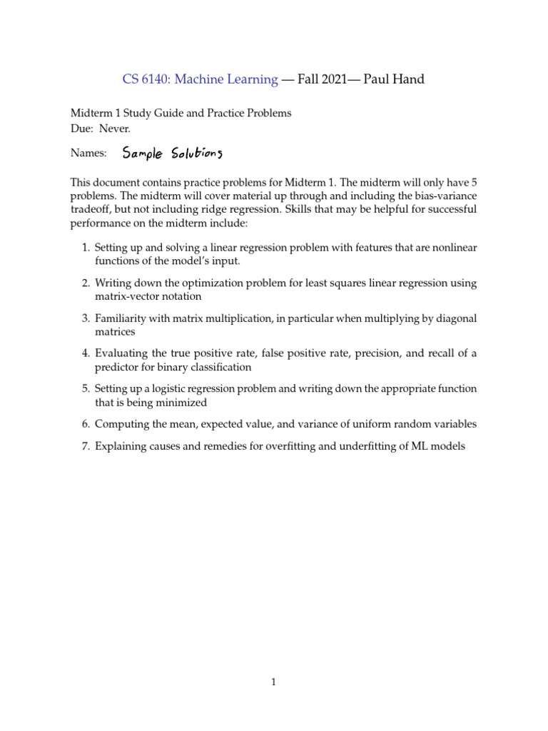 Midterm 1 Practice Solutions | PDF | Least Squares | Regression Analysis Midterm 1 Practice Solutions | PDF | Least Squares | Regression Analysis