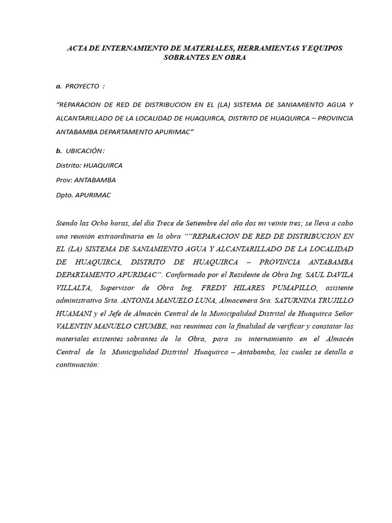 Acta de Internamiento de Materiales | PDF