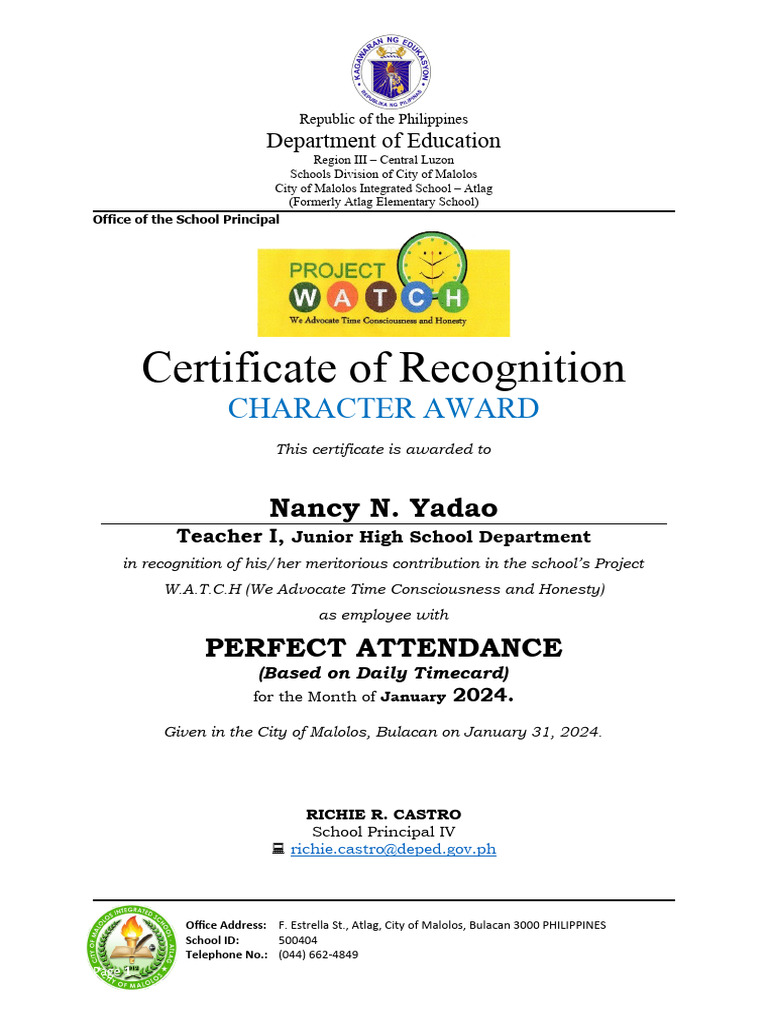 Certificate of Perfect Attendance Award | PDF