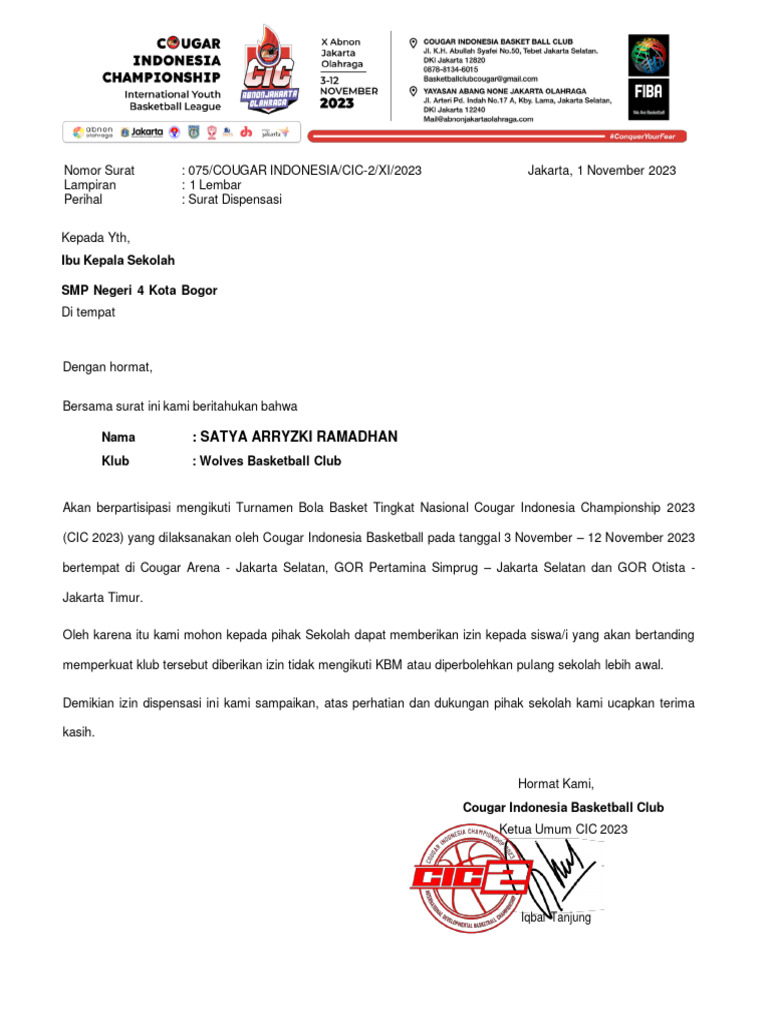 Surat Dispen Peserta Cic 2023-Satya Arryzki | PDF