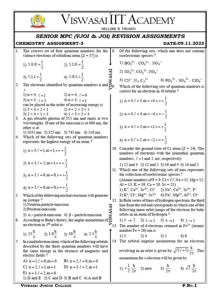 Chemistry Assignment-3 09-11-2023 | Download Free PDF | Atomic Orbital | Atomic