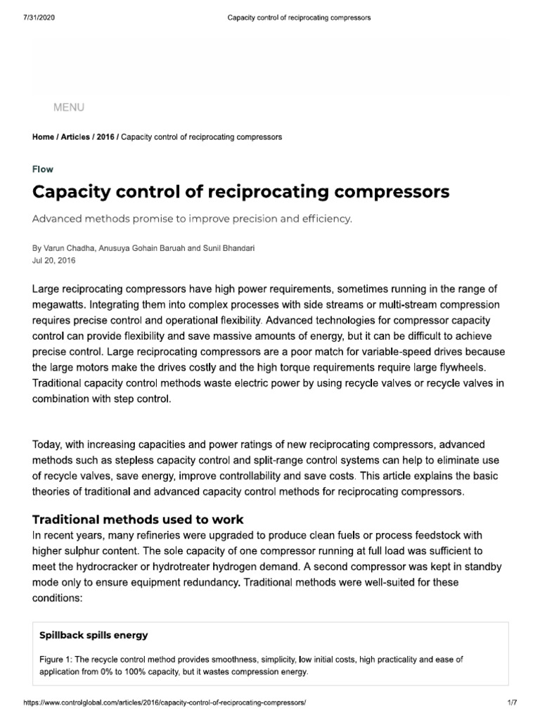 Capacity Control Fore Reciprocating Compressors | PDF