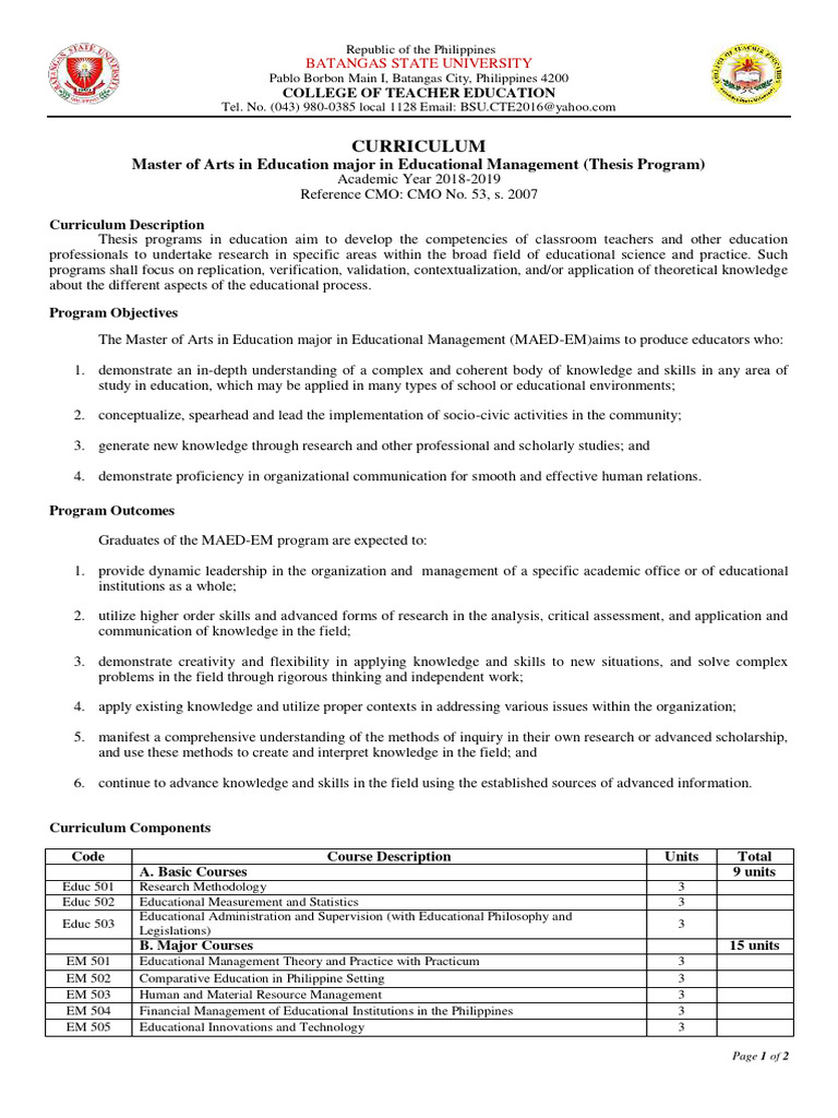 MAED in Educational Management Curriculum | PDF | Thesis | Knowledge