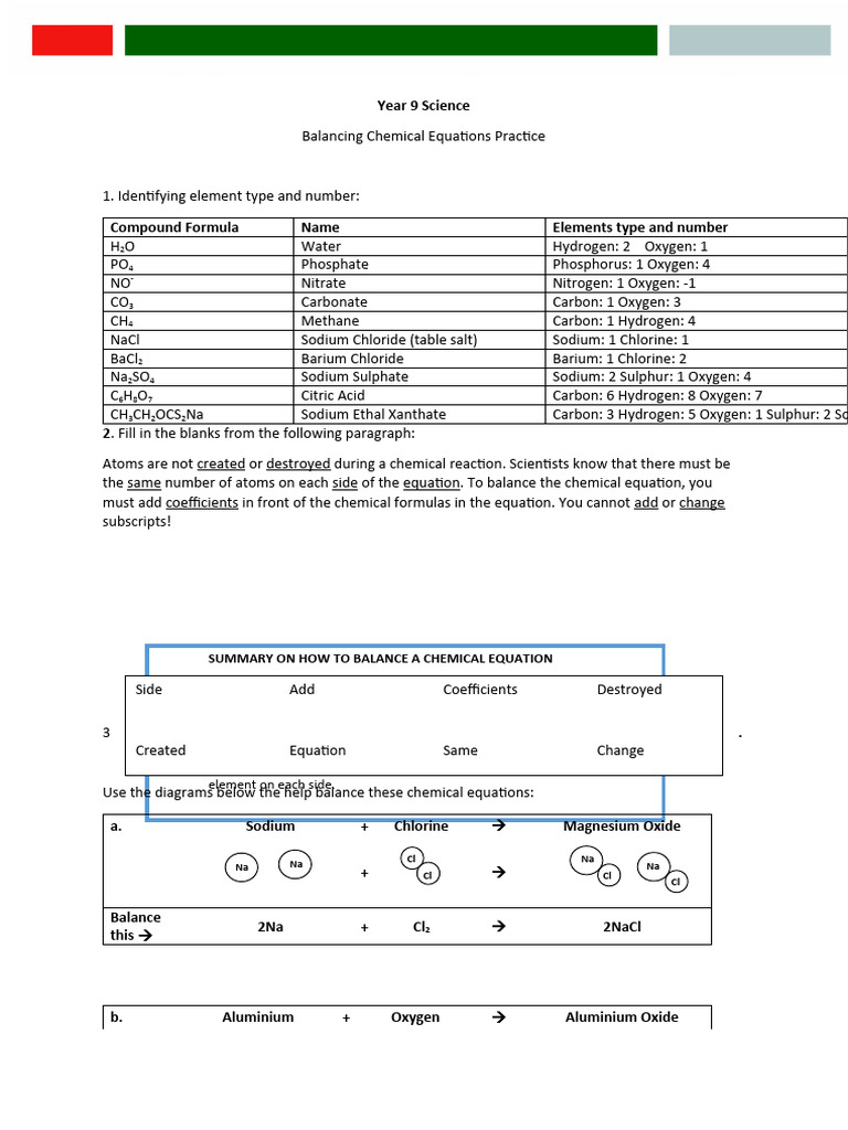 Balancing Chemical Equations Practice | PDF | Chemistry | Sodium Chloride