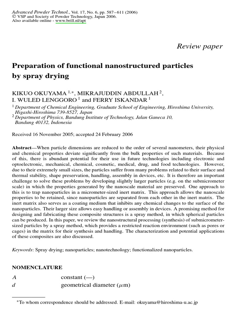 Okuyama 2006, Preparation of Functional Nanostructured Particles by Spray Drying | PDF ...