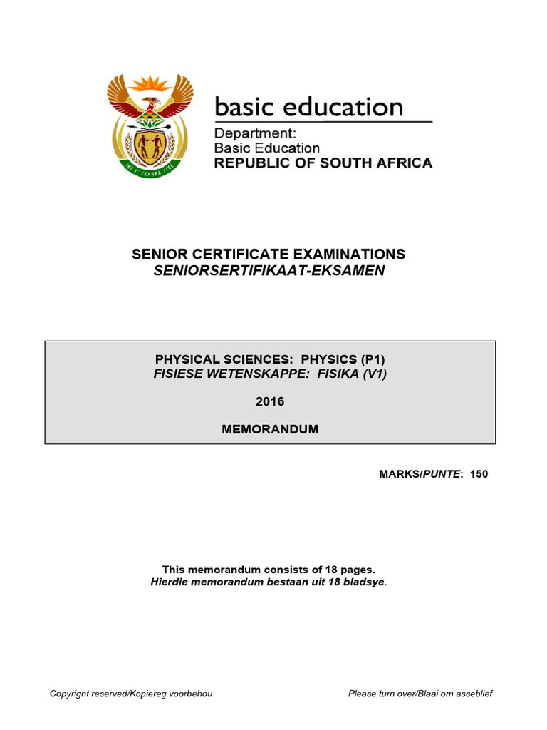 Physical Sciences P1 May-June 2016 Memo Afr & Eng Final | PDF