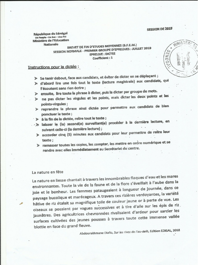 Epreuve Bfem 2019 Dictee, Senegal | PDF