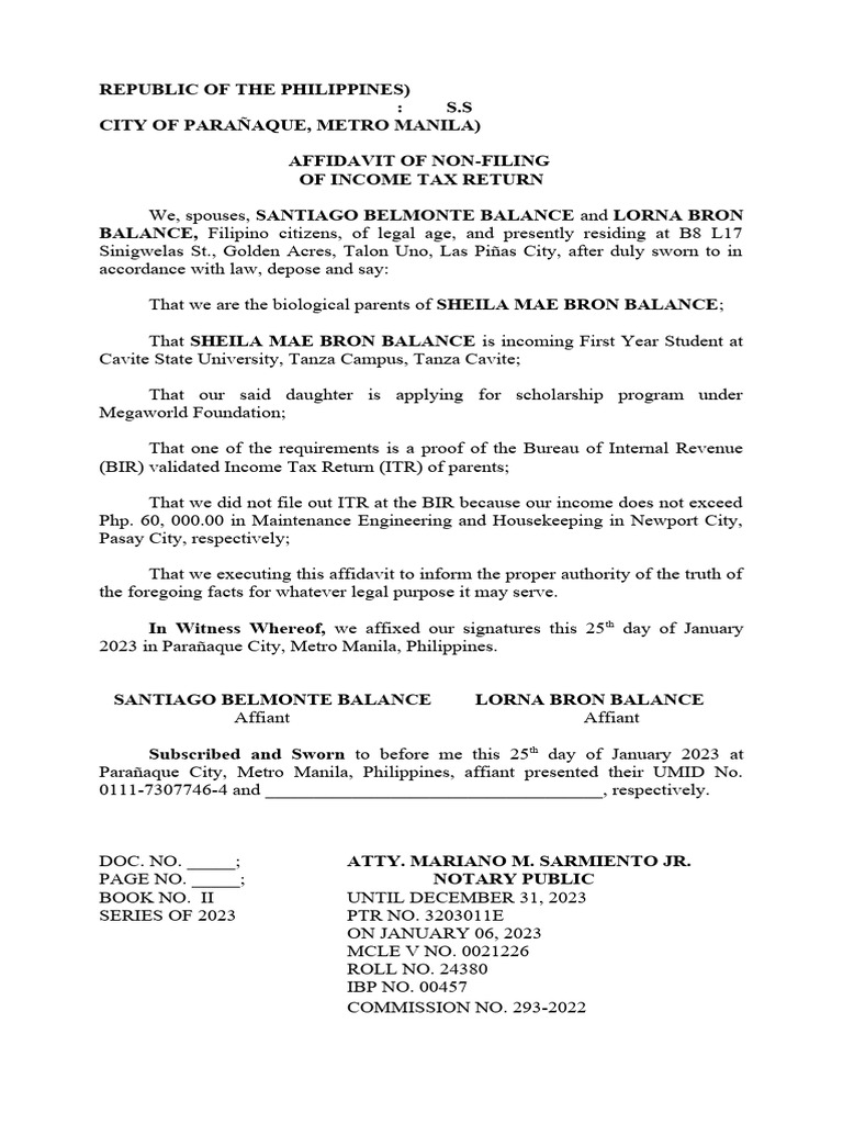 Affidavit of Non Filing ITR | PDF | Social Science